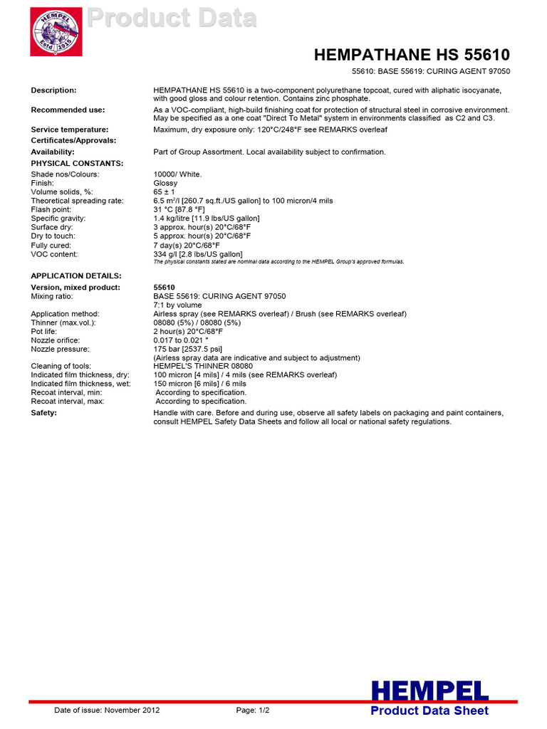 PDS HEMPATHANE HS 55610 en-GB | PDF | Paint | Water