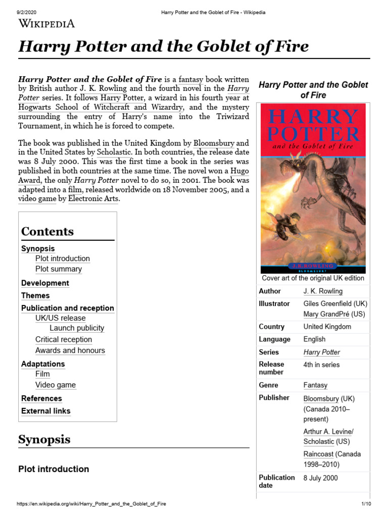 Goblet of Fire: Publication and Synopsis | PDF | Harry Potter | Fantasy