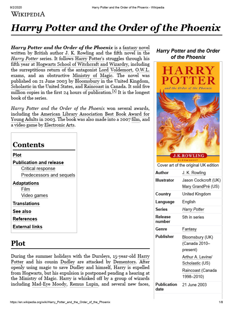 Harry Potter and The Order of The Phoenix - Wikipedia | PDF | Children ...