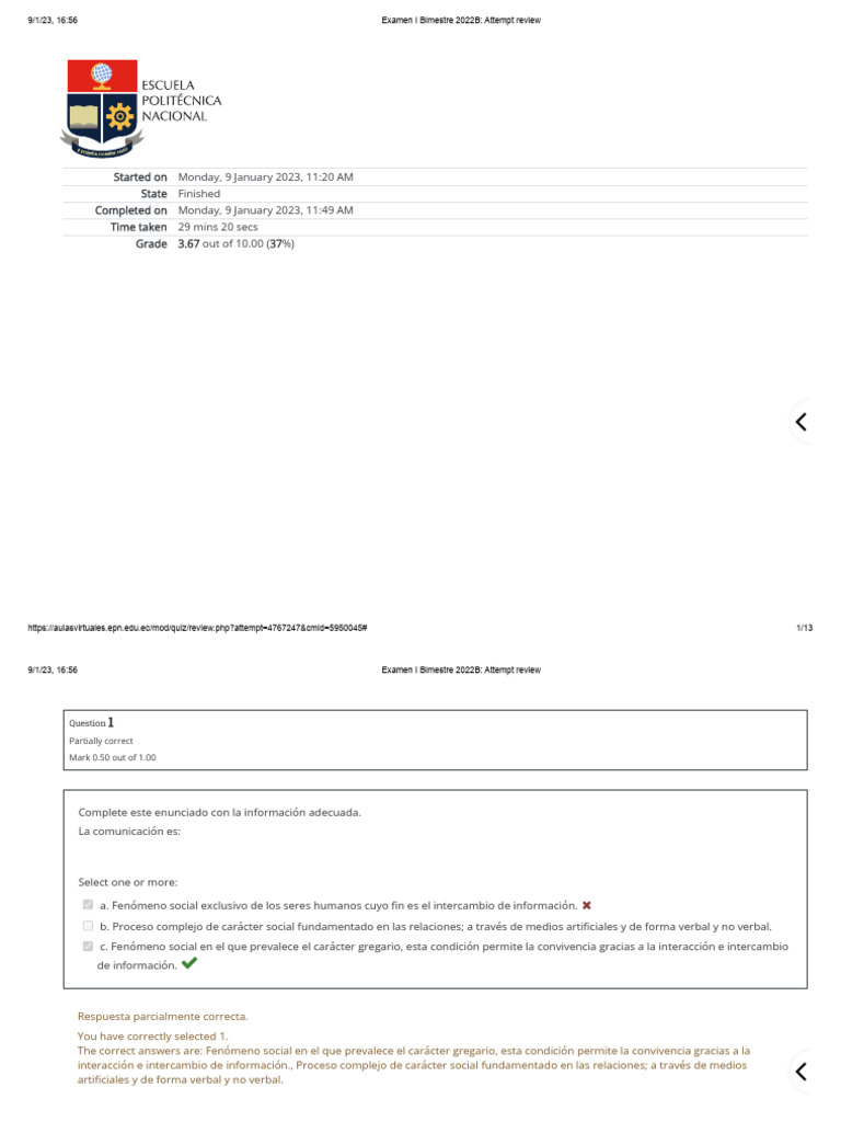 Examen I Bimestre 2022B - Attempt Review | PDF | Lingüística | Comunicación