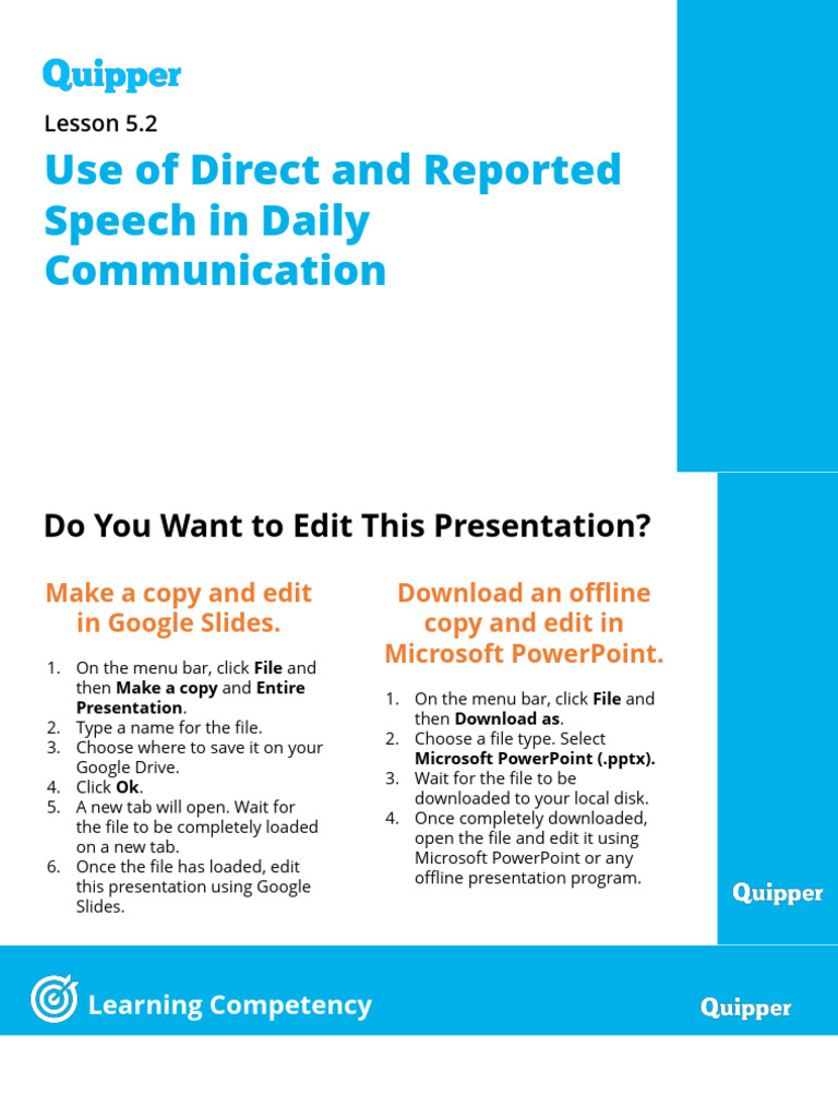 ME Eng7 Q1 0502 - PS - Use of Direct and Reported Speech in Daily Communication | PDF ...