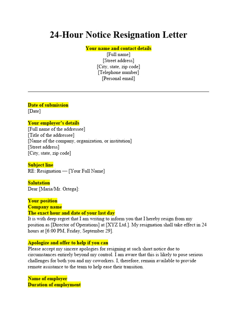 24 Hour Notice Resignation Letter Template | PDF
