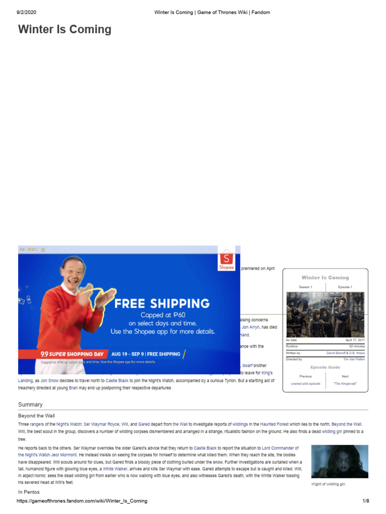 01 Winter Is Coming Game Of Thrones Wiki Fandom Pdf World Of