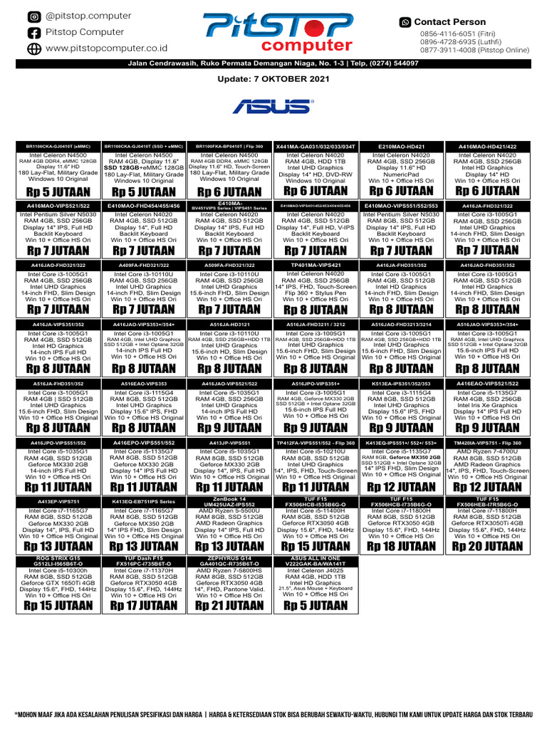 Pricelist Notebook Pitstop Update 7 Oktober 2021 | PDF | Computer Hardware | X86 Architecture