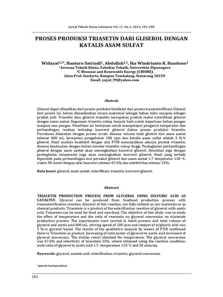 Produksi Triasetin dari Gliserol | PDF