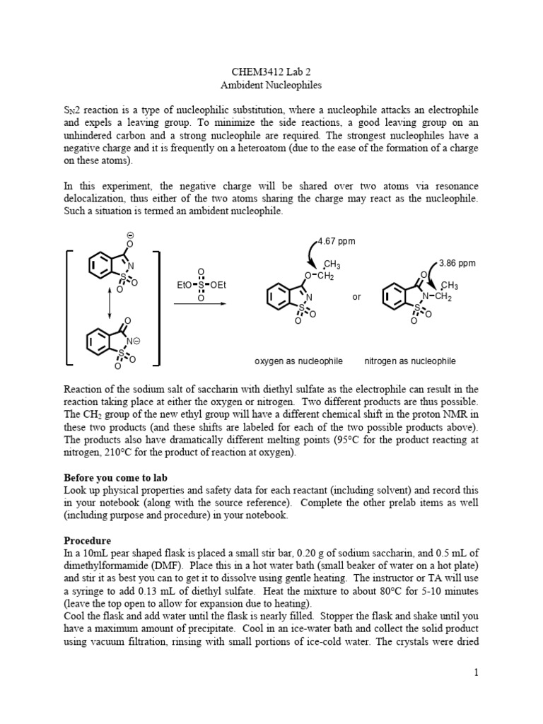 3412 Lab - 2 SN2 of Saccharin - Ambident Nucleophile | PDF | Chemical ...