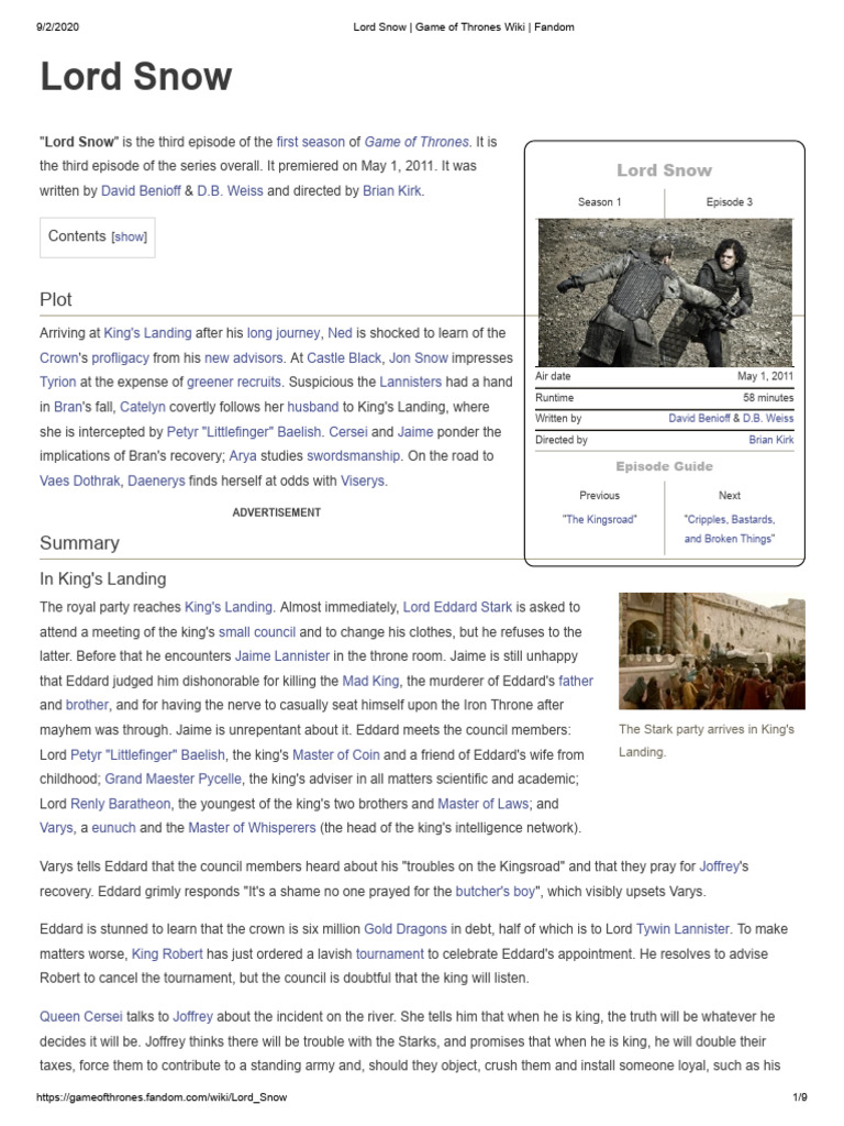 03 - Lord Snow - Game of Thrones Wiki - Fandom | PDF | A Song Of Ice ...
