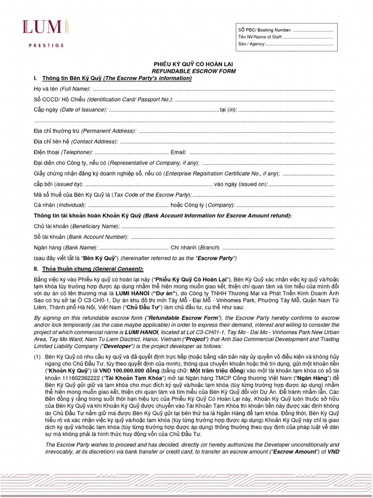 Booking Form - KH Cá Nhân | PDF