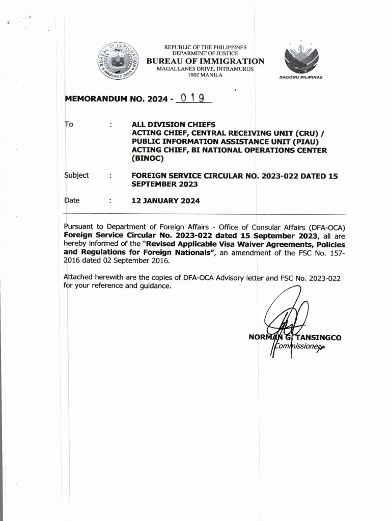 MEMORANDUM NO. 24-019 FOREIGN SERVICE CIRCULAR NO. 23-022 DATED 15 SEPTEMBER 2023 - 12 JAN 24 ...