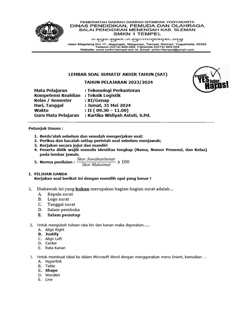 Soal Sat Xi TL Tekper | PDF | Seni & Disiplin Bahasa | Seni