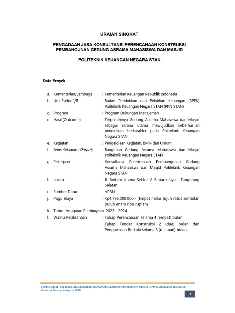 Konsultansi Konstruksi Asrama & Masjid STAN | PDF