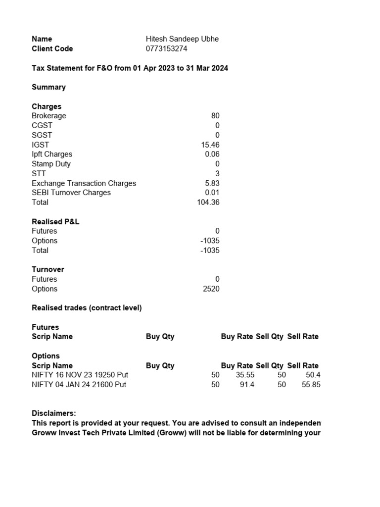 F&O Tax Statement 2023-24 | PDF | Futures Contract | Taxes