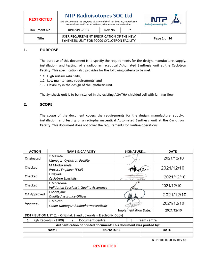 User Requirement Specification of The New Synthesis Unit For p2000 ...