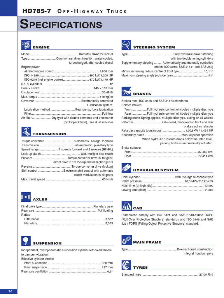 Komatsu hd785 7 Rigid Dump Truck Specificationspdf | PDF | Axle ...