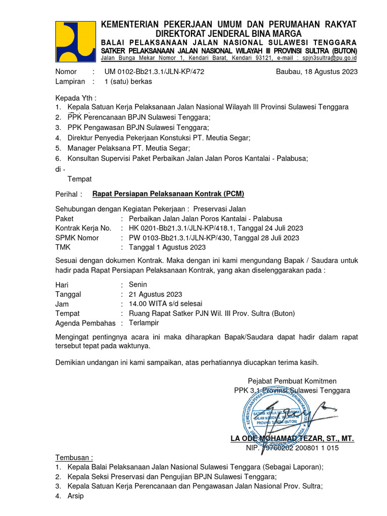 Und - Rapat Pelaksanaan Kontrak (PCM) Paket JLN - Kantalai - Palabusa - Ta. 2023 Okok | PDF