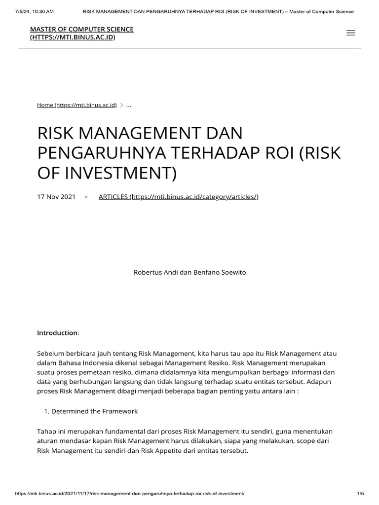 RISK MANAGEMENT DAN PENGARUHNYA TERHADAP ROI (RISK OF INVESTMENT ...
