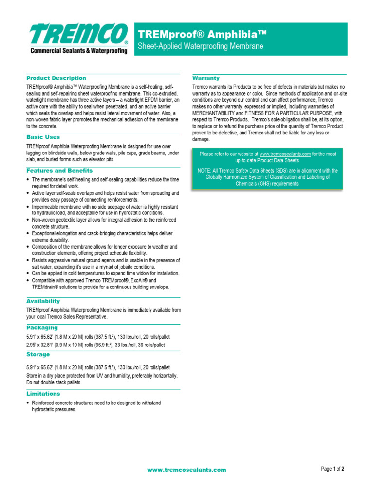TREMproof Amphibia Data Sheet | PDF | Concrete | Building Engineering