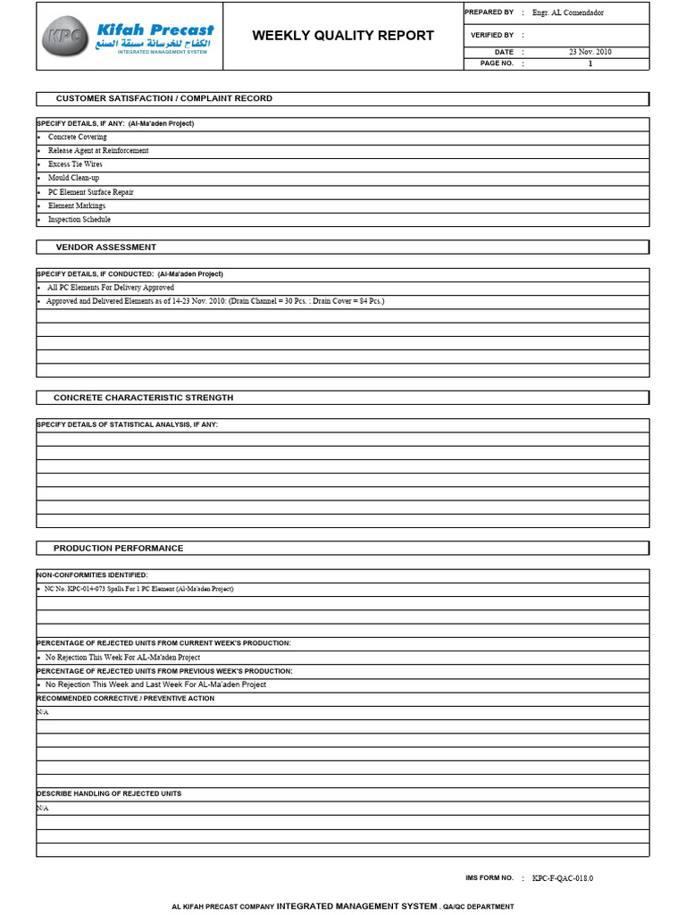 KPC-F-QAC-018 - Weekly Quality Report | PDF | Civil Engineering ...