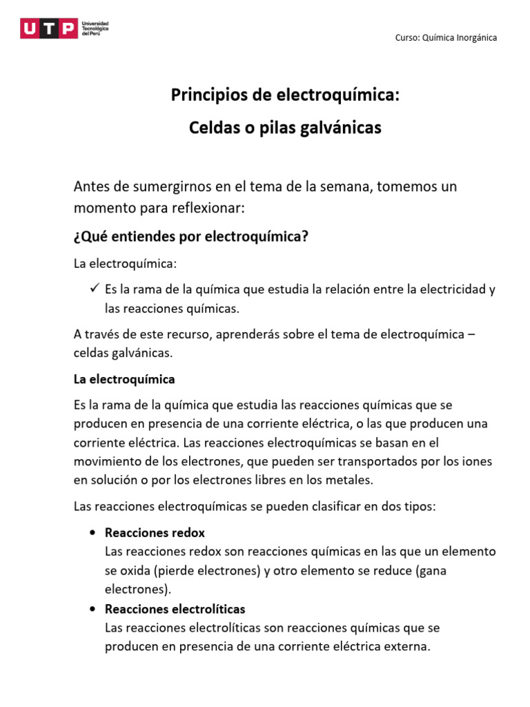 Semana 13 - PDF - Principios de Electroquímica-Celdas o Pilas Galvánicas | PDF | Redox ...