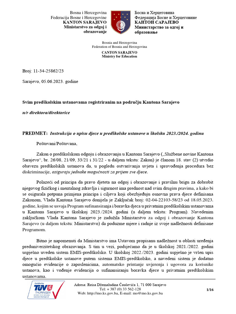Instrukcija o Upisu Djece U Predskolske Ustanove U Skolsku 2023-2024 Godinu | PDF