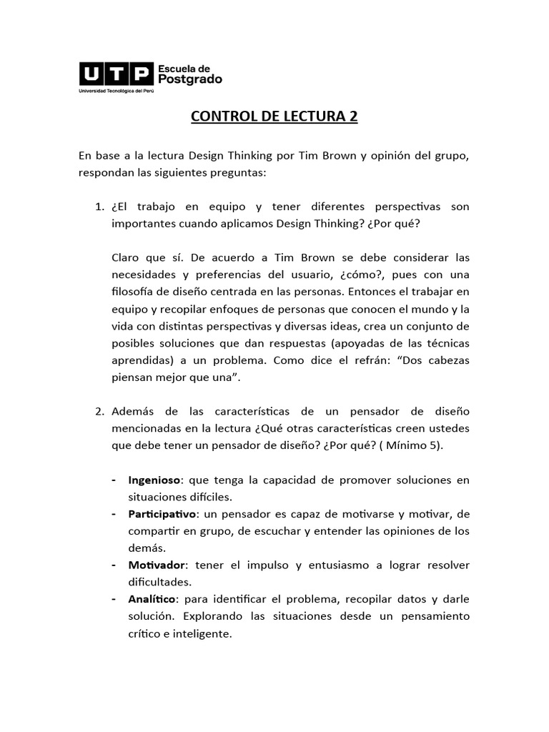 Control de Lectura 2 - Innovacion y Desing Thinking | PDF | El pensamiento de diseño | Diseño