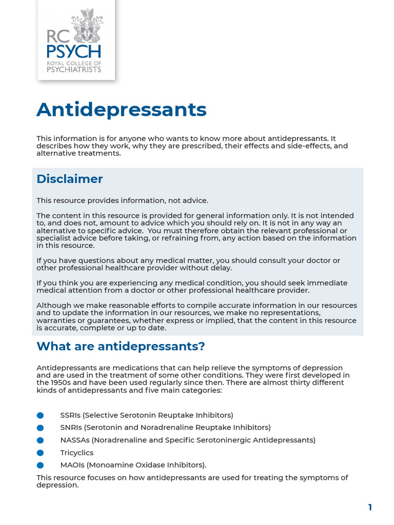 Antidepressants-Printable 1 | PDF | Antidepressant | Major Depressive ...