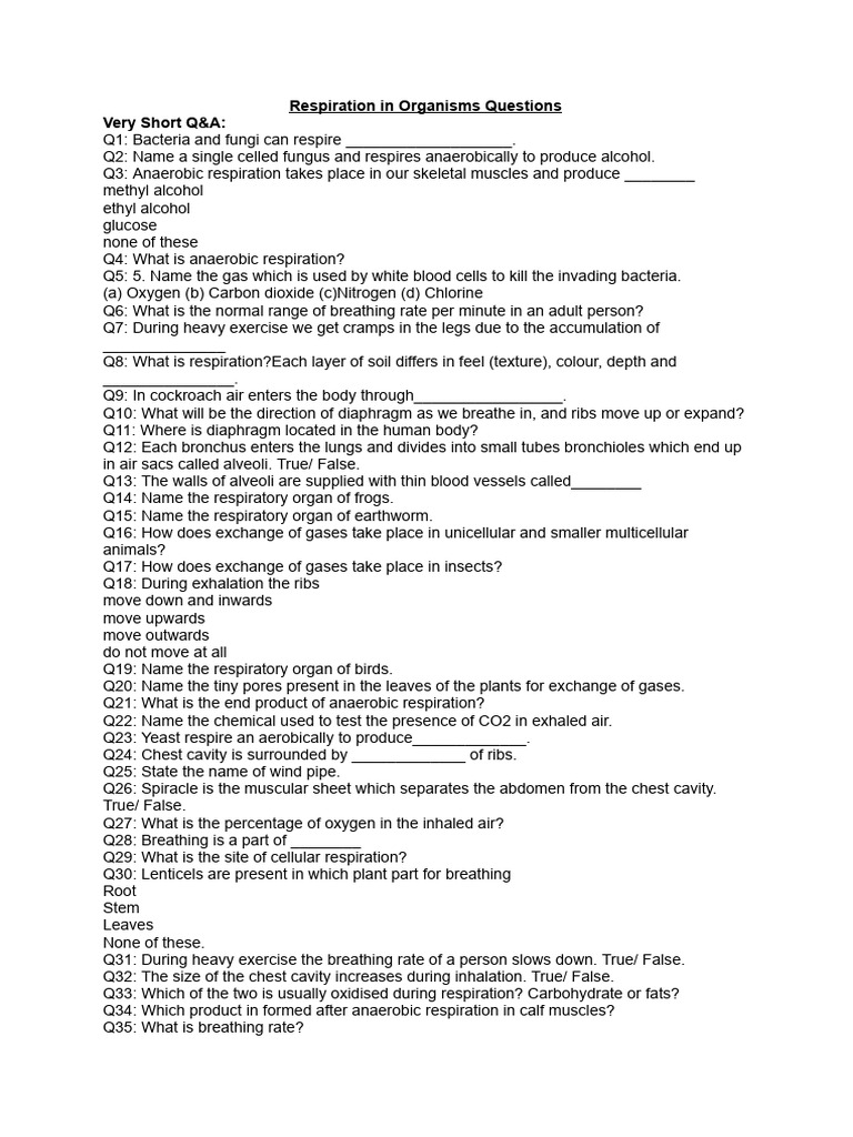 Respiration in Organisms Questions | PDF | Breathing | Respiratory System