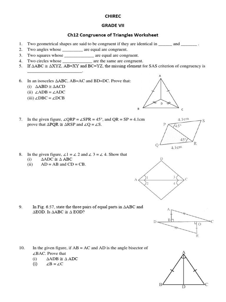 Congruence of Triangles Worksheet | PDF