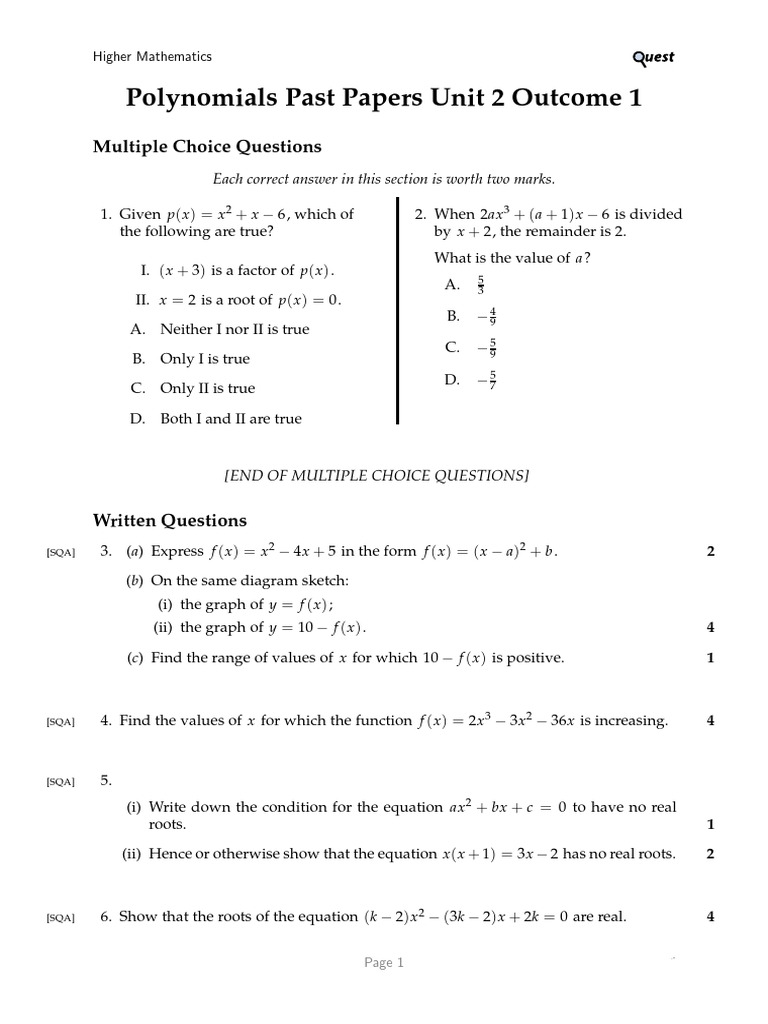 Polynomials Past Papers | PDF | Equations | Zero Of A Function