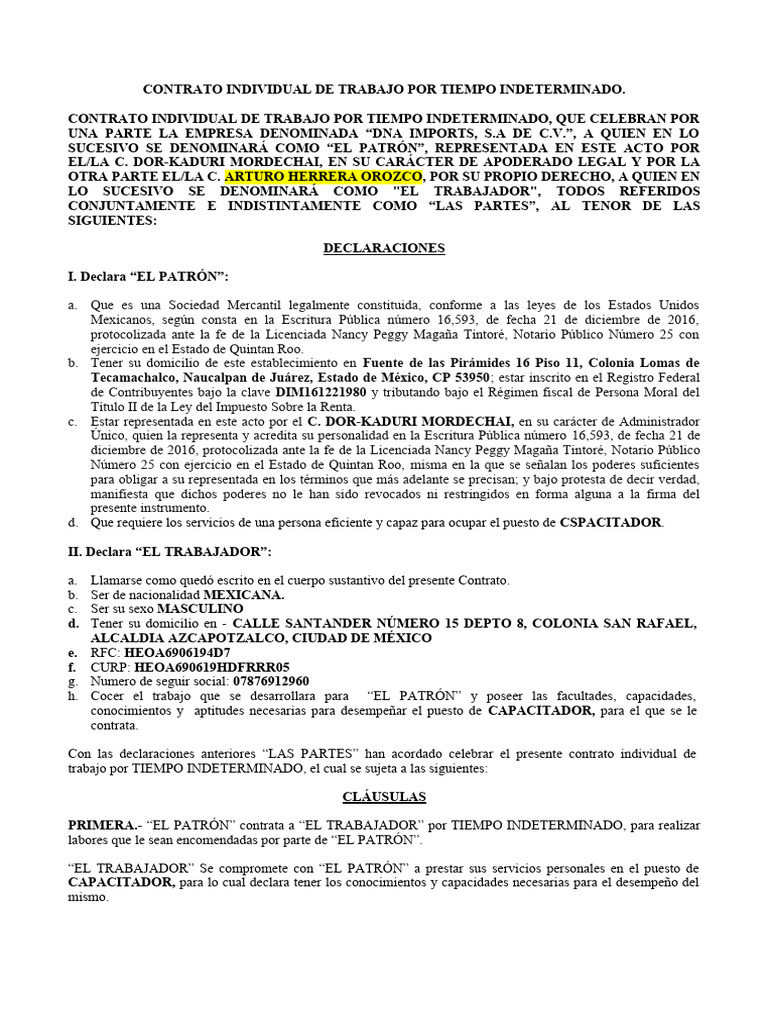 Contrato Individual de Trabajo Por Tiempo Indeterminado | PDF | Derecho laboral | Business