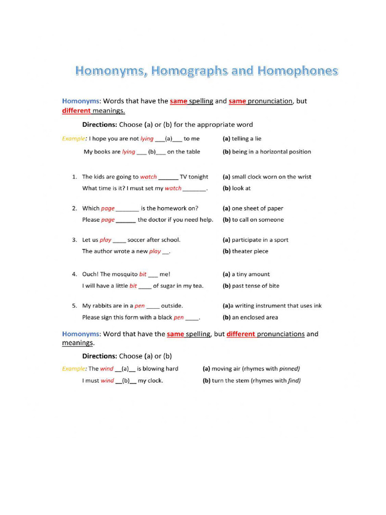 Exercise Homonym Homophone Homograph | PDF