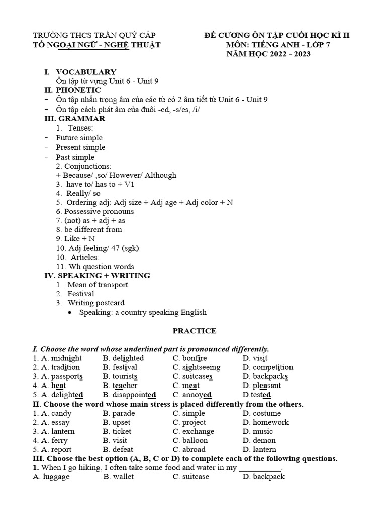 GRADE 7-CUỐI KÌ 2 -TQC ilw | PDF | Baggage