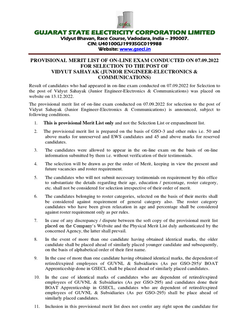 GSECL Vidyut Sahayak Merit List 2022 | PDF | Justice | Crime & Violence