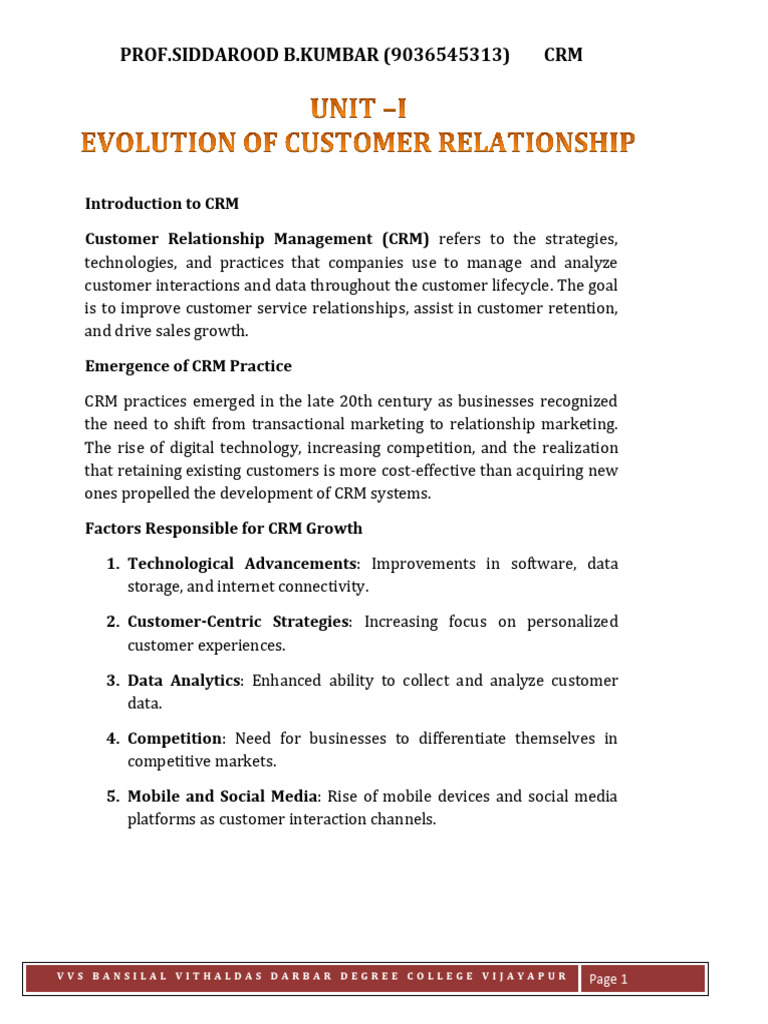 Unit 1 CUSTOMER RELATIONSHIP MANAGEMENT-Prof - Siddarood B.Kumbar | PDF ...