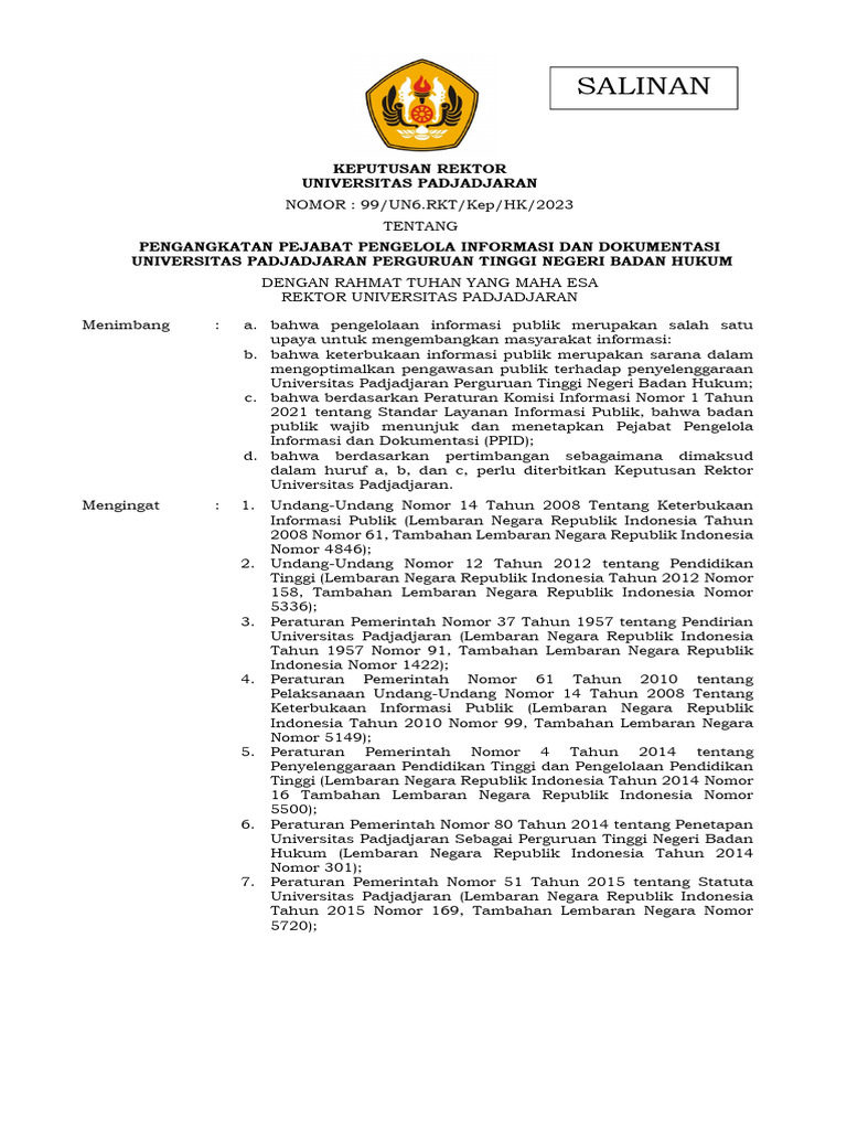 99-Tahun-2023-SK-Pengangkatan-PPID-Unpad-PTNBH-2023 | PDF