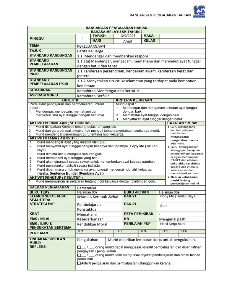 RPH Minggu 2 BM SK THN 2 2023 by Cikgu Gorgeous | PDF