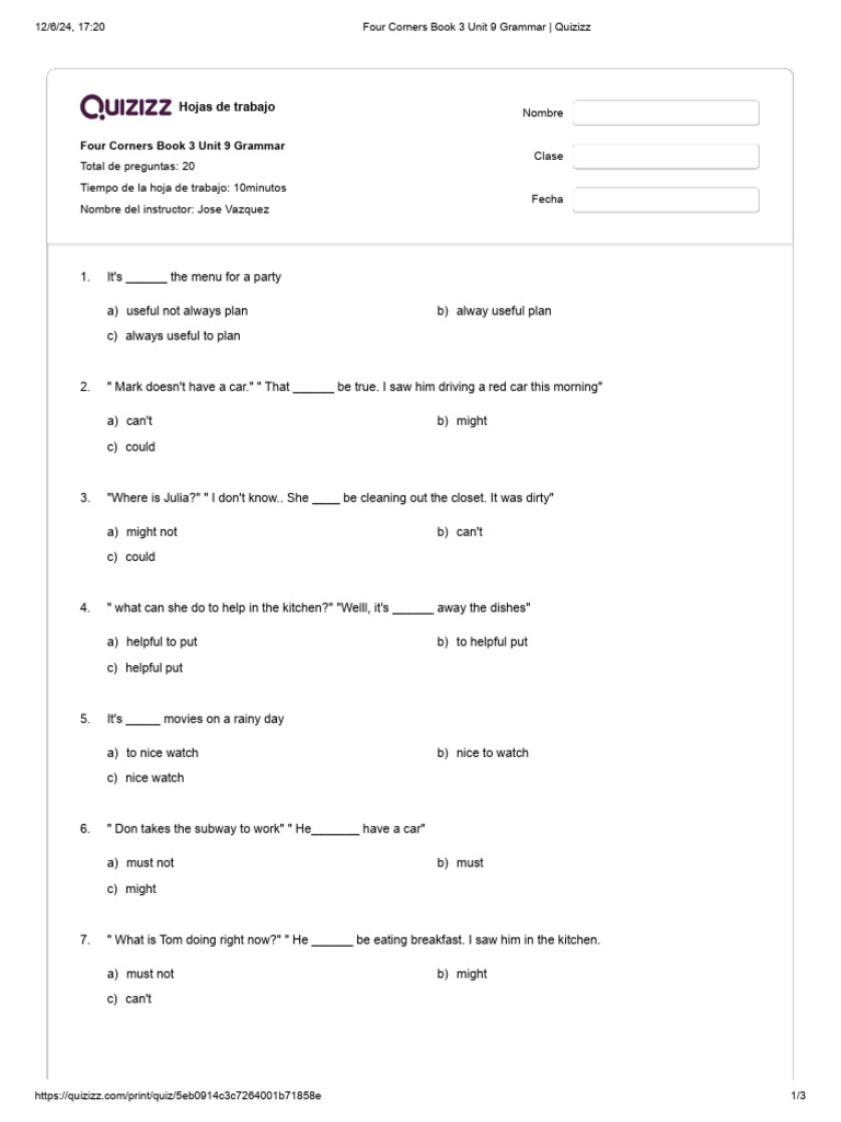 Four Corners Book 3 Unit 9 Grammar _ Quizizz | PDF