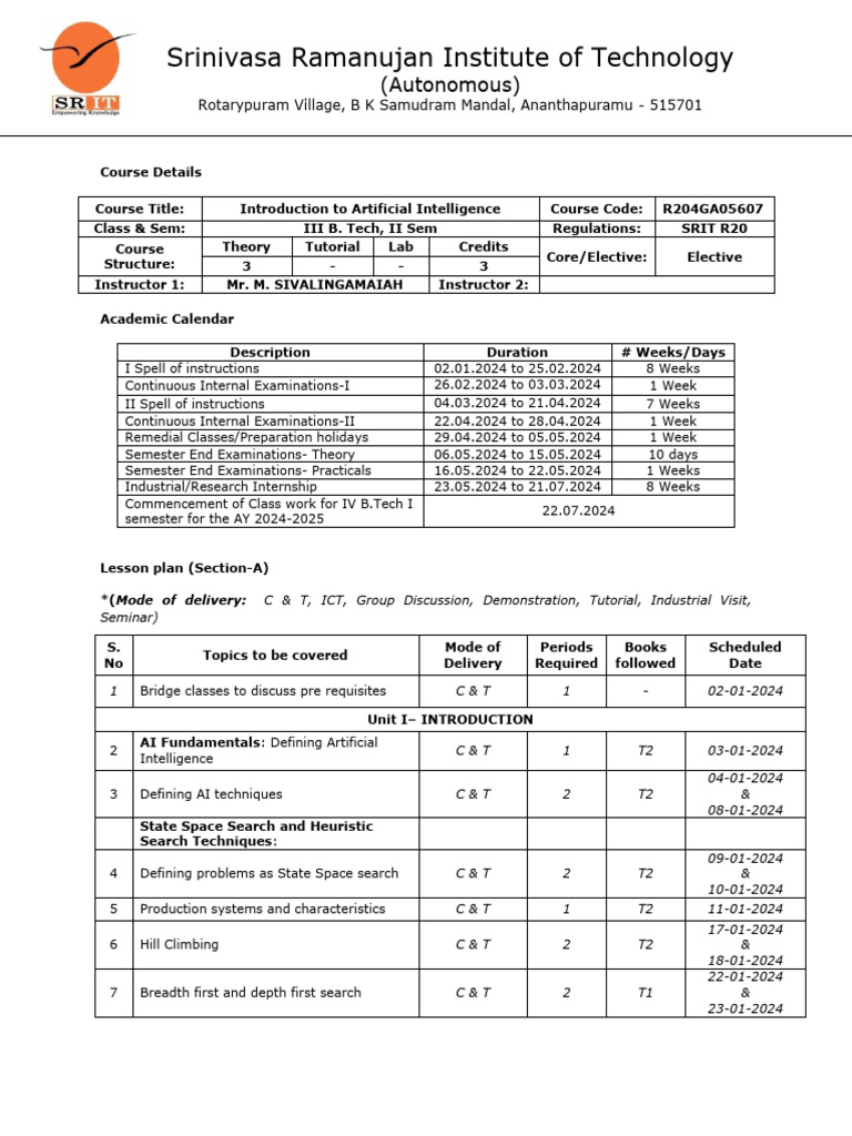 AI Lesson Plan (A-Sec) 2021 Batch (III-II, AY 2023-24) | PDF ...