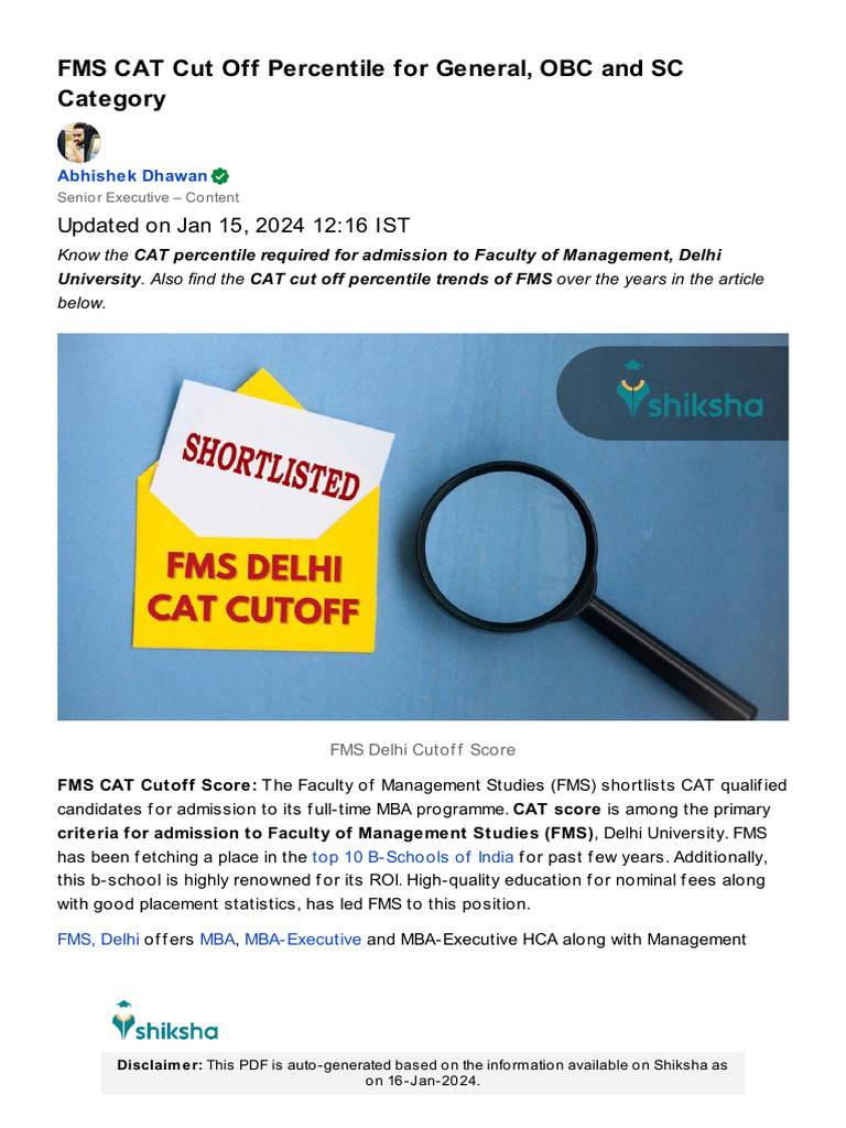 FMS CAT Cut Off Percentile For General, OBC and SC Category: Updated On ...