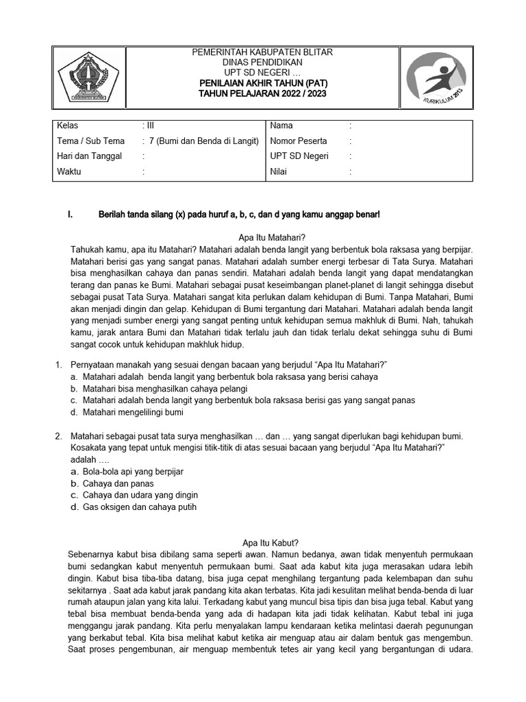 Naskah Soal - Kelas3 - Tema7 - Pat | PDF