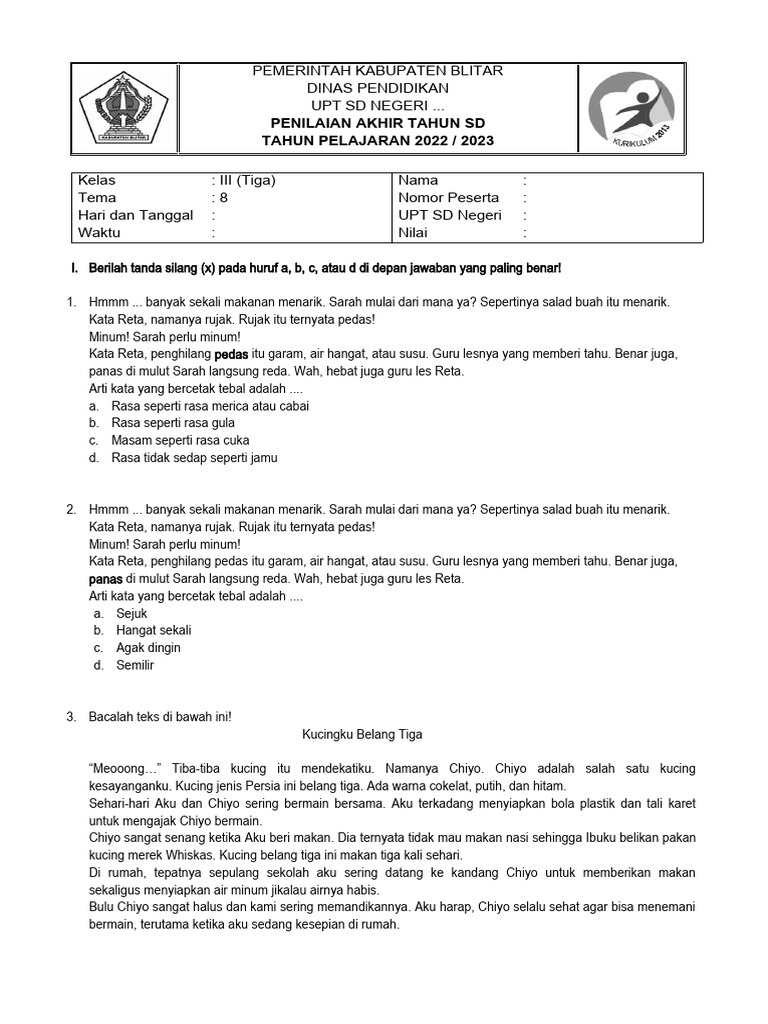 Naskah Soal - Kelas3 - Tema8 - Pat | PDF