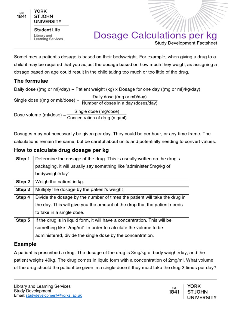 Dosage Calculations Per KG Factsheet | PDF | Dose (Biochemistry ...