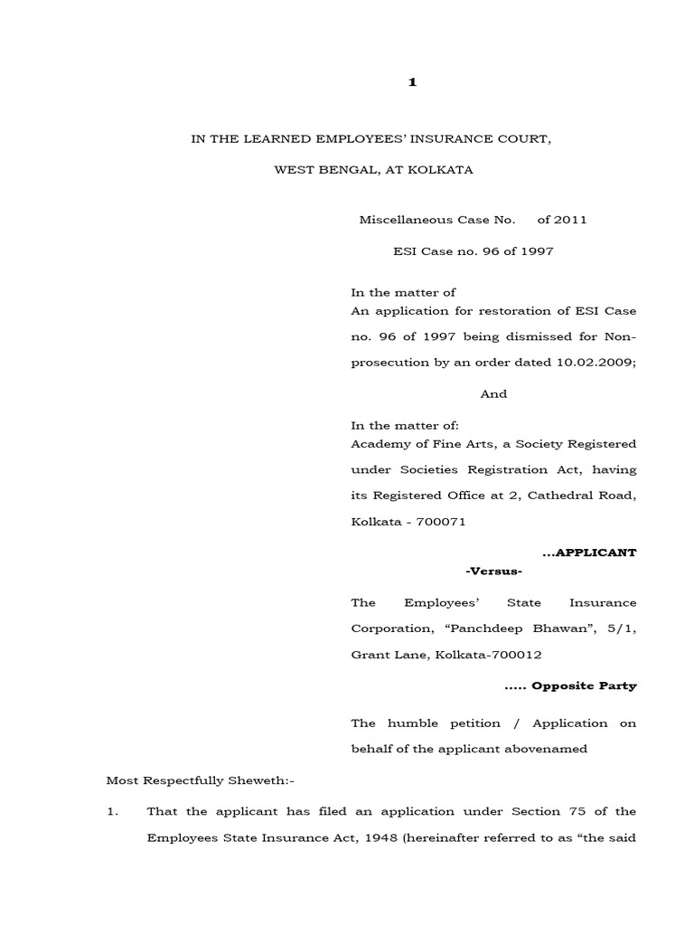 Restoration Application for ESI Case | PDF | Advocate | Justice