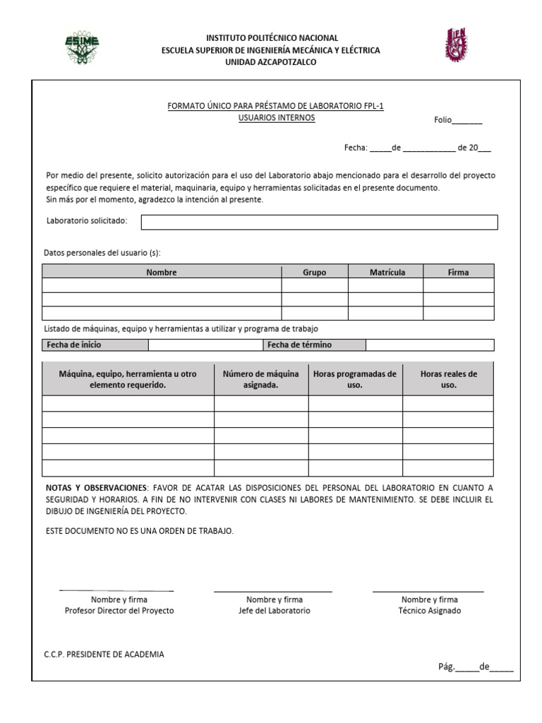 Formato Préstamo Laboratorio IPN | PDF