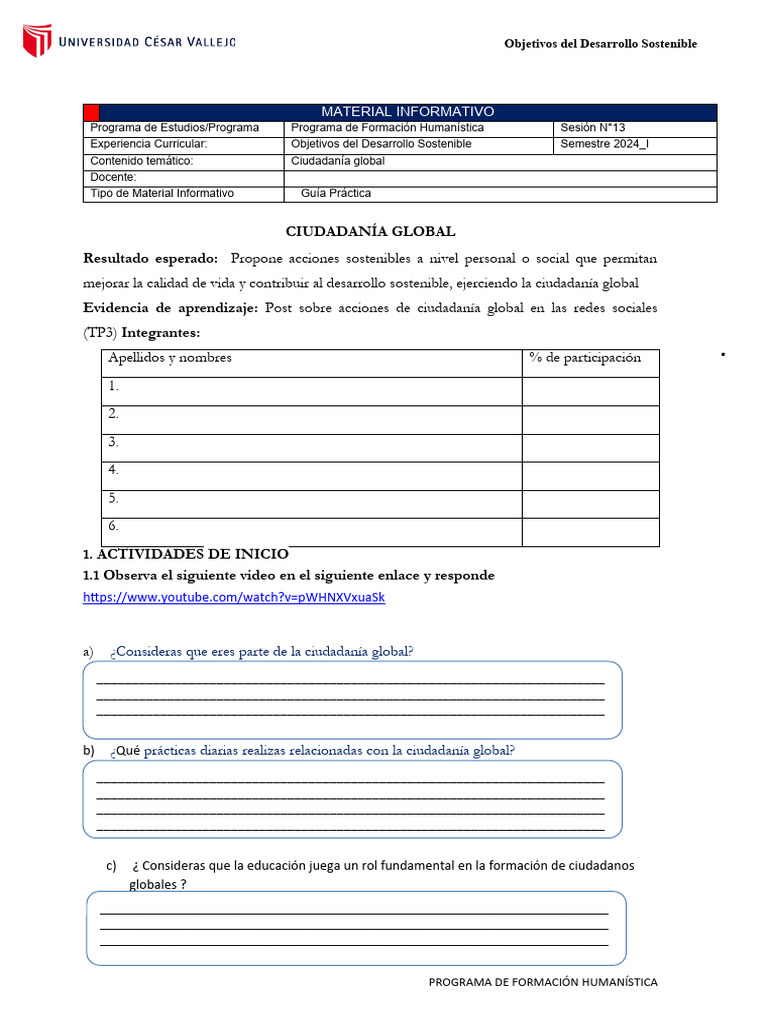 Guía Práctica #13 ODS 2024-1 | PDF | Ciudadanía | Desarrollo sostenible