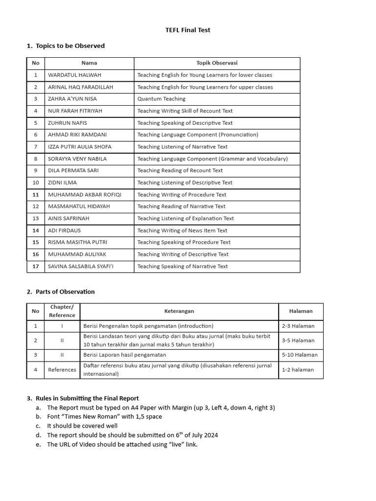 TEFL Final Test Project Topic and Regulation | PDF | Cognition ...