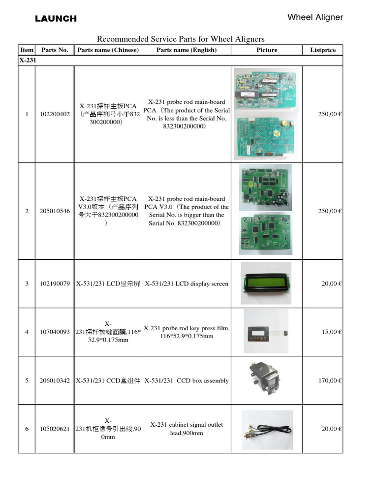 LAUNCH Wheel Aligner Parts List | PDF | Manufactured Goods | Vehicles