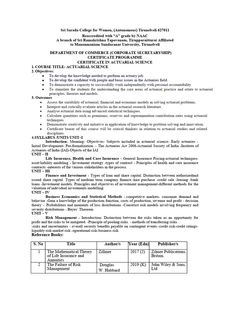 Approved final Syllabus - Actuarial Science | PDF | Actuarial Science ...