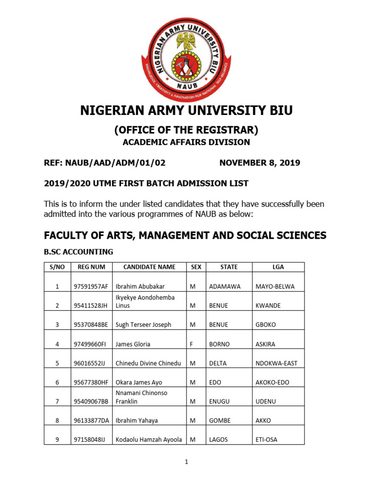 Nigerian Army University Biu 2019-2020 First Batch Admission List | PDF