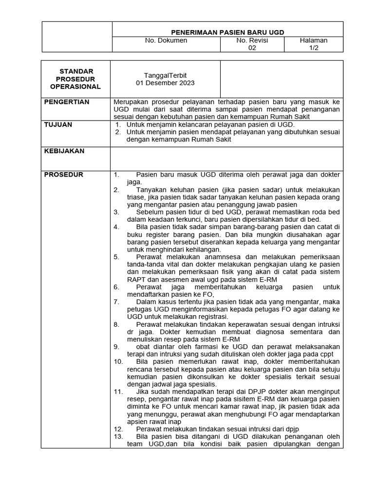 01 PENERIMAAN PASIEN BARU UGD data kopy | PDF